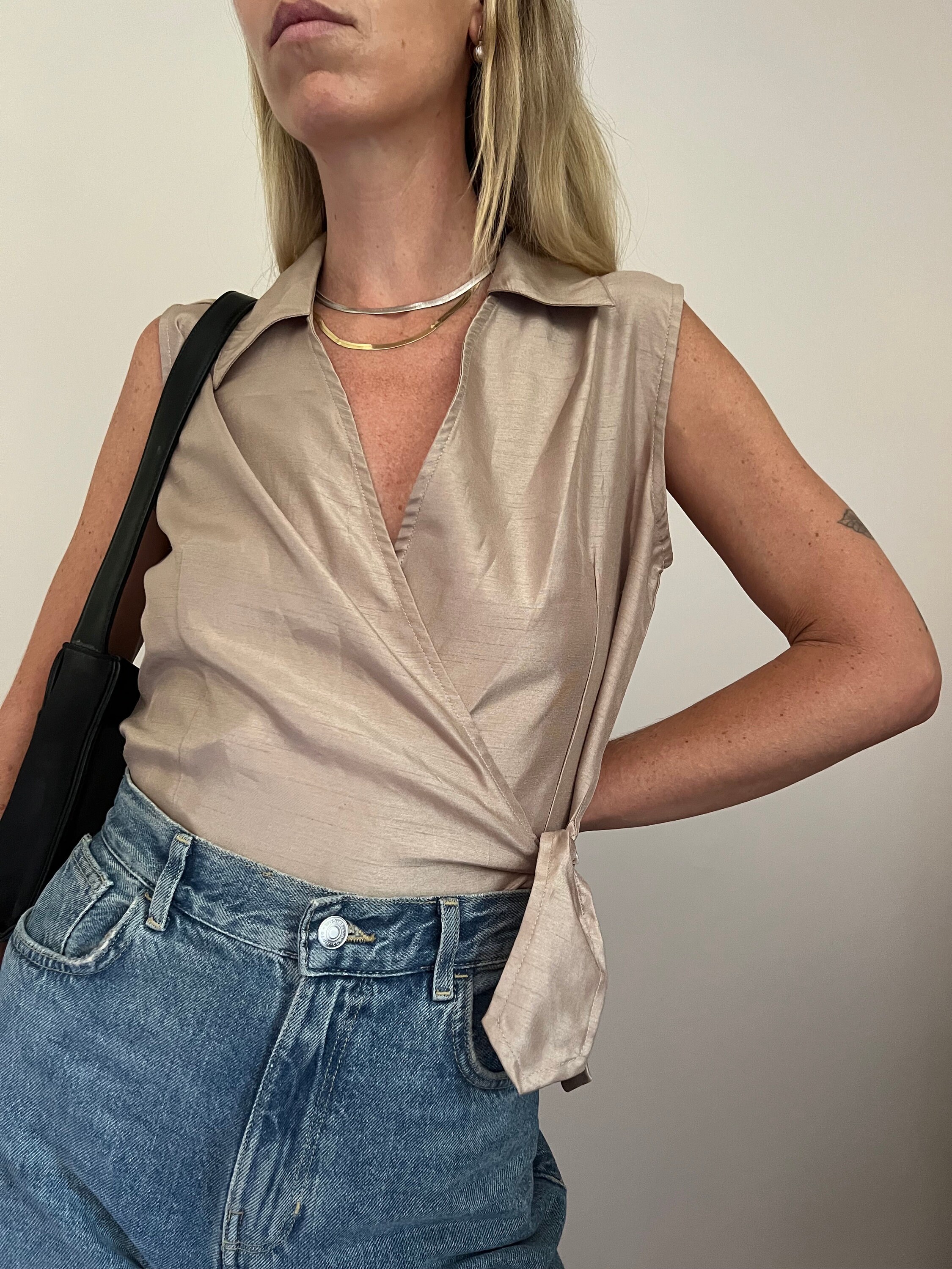 Vintage Gold Collared Wrap Tank, 90s Minimal Tank, Metallic Gold ...