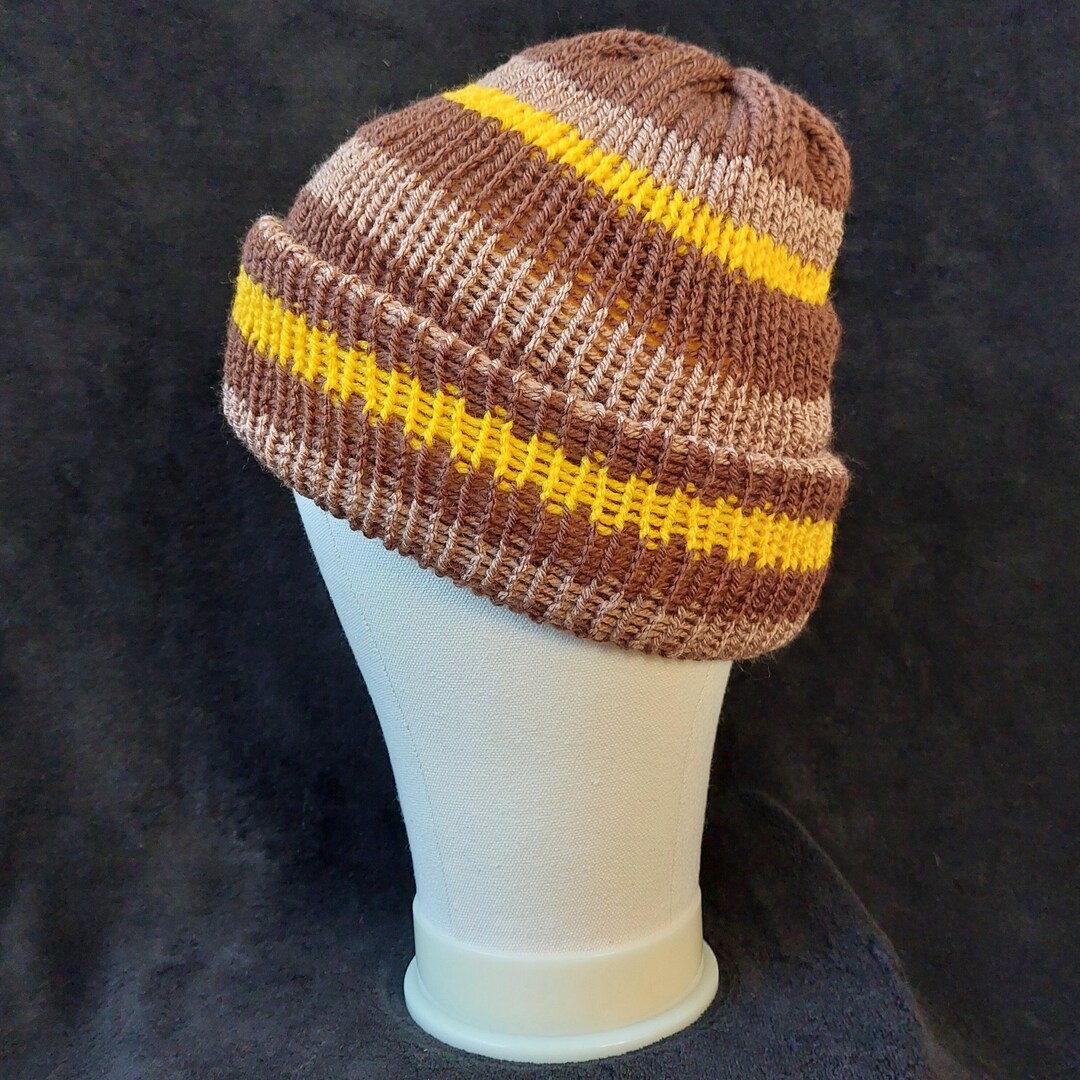 Handmade Brown and Yellow Knitted Pompompurin Inspired Stripey Beanie ...