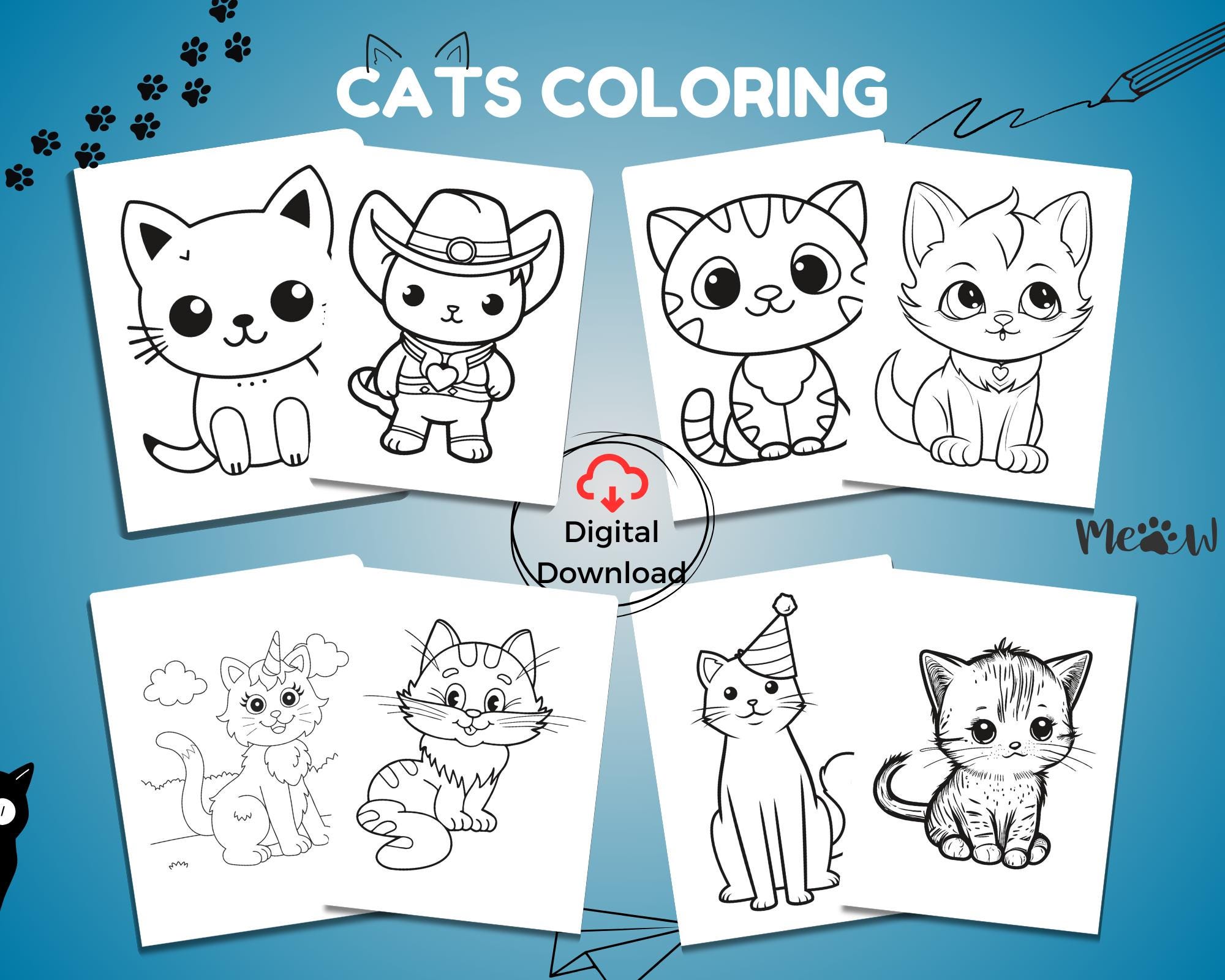 140 Cute Cats Coloring Sheets, Printable Cat Coloring Pages, Kitten ...