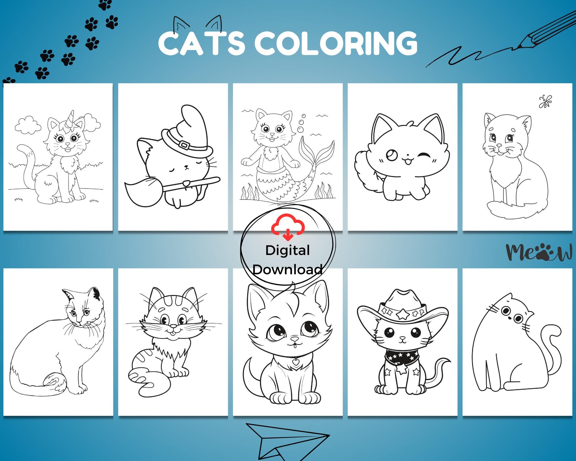140 Cute Cats Coloring Sheets, Printable Cat Coloring Pages, Kitten ...