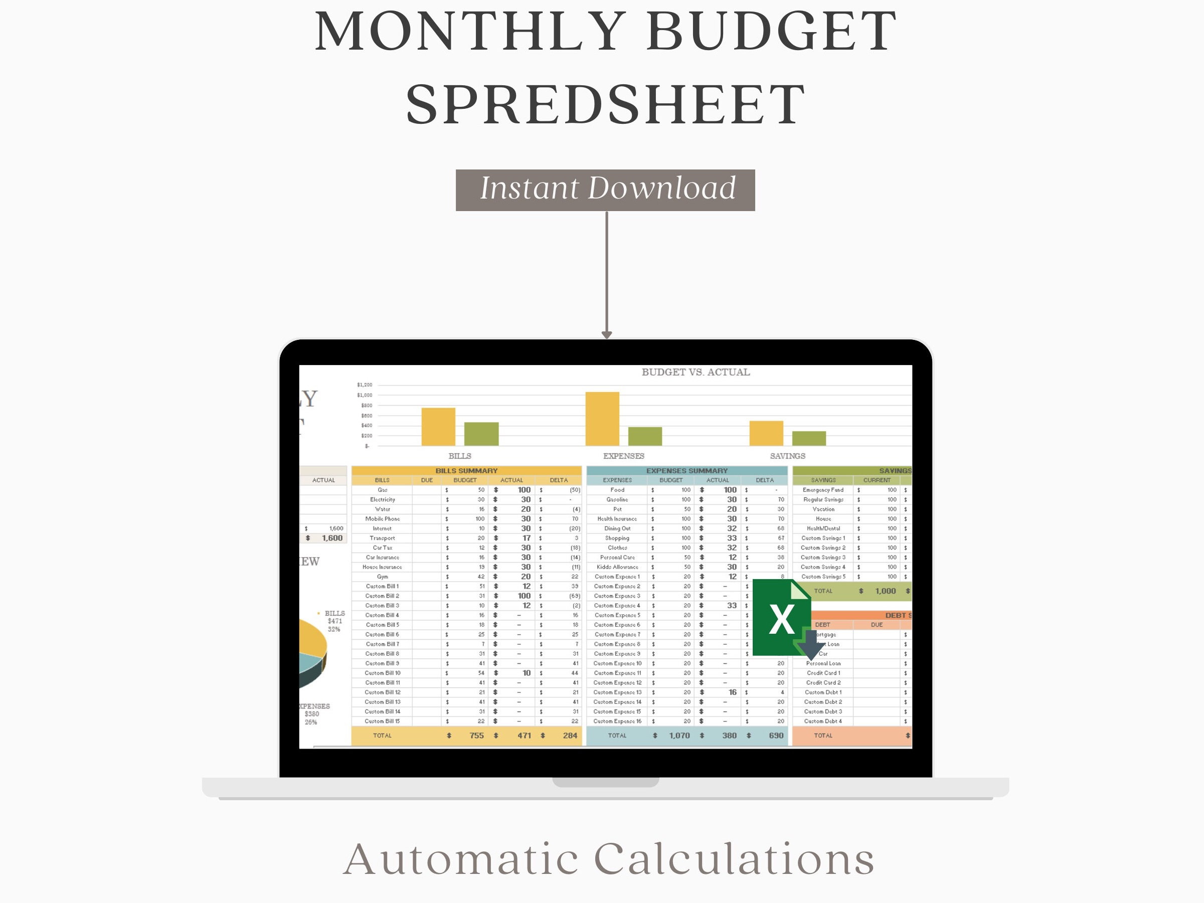 Monthly Budget Spreadsheet for Excel, Financial Planner Dashboard ...