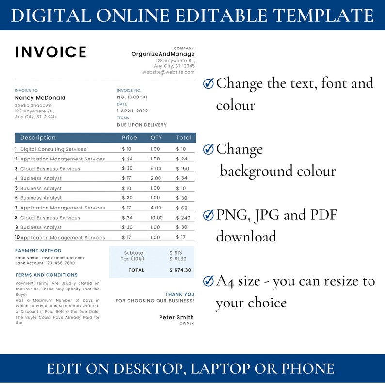 Invoice Template Editable, Small Business Custom Order Form Printable ...