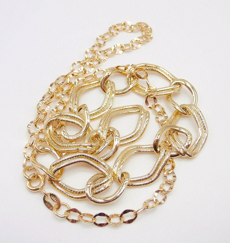 18K Gold Necklace Oval Link Chain With Shiny and Knurled Finish and ...