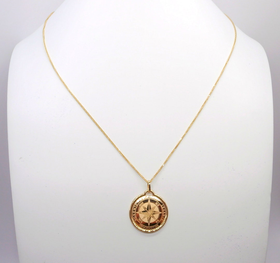 18K Yellow Gold Pendant wind Rose With 50cm Foxtail Chain Nautical Star ...