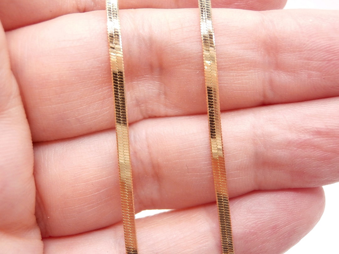 18K Solid Gold Herringbone Necklace - Flat Link Chain - Herringbone ...
