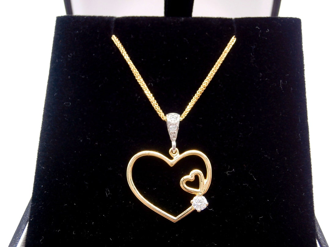 18K Gold Pendant Necklace / Gold Double Heart Pendant With Zircon and ...