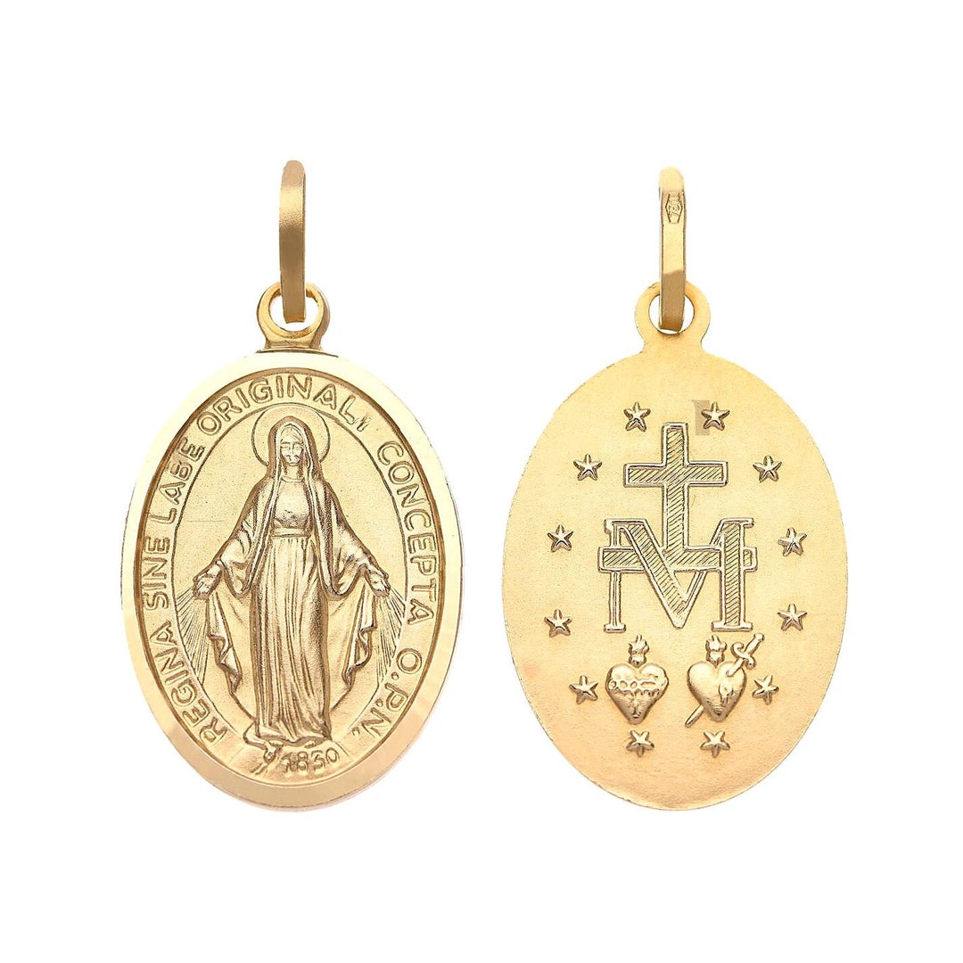 18K Solid Yellow Gold MIRACULOUS Medal Virgin MARY MADONNA 15 X 24 Mm ...
