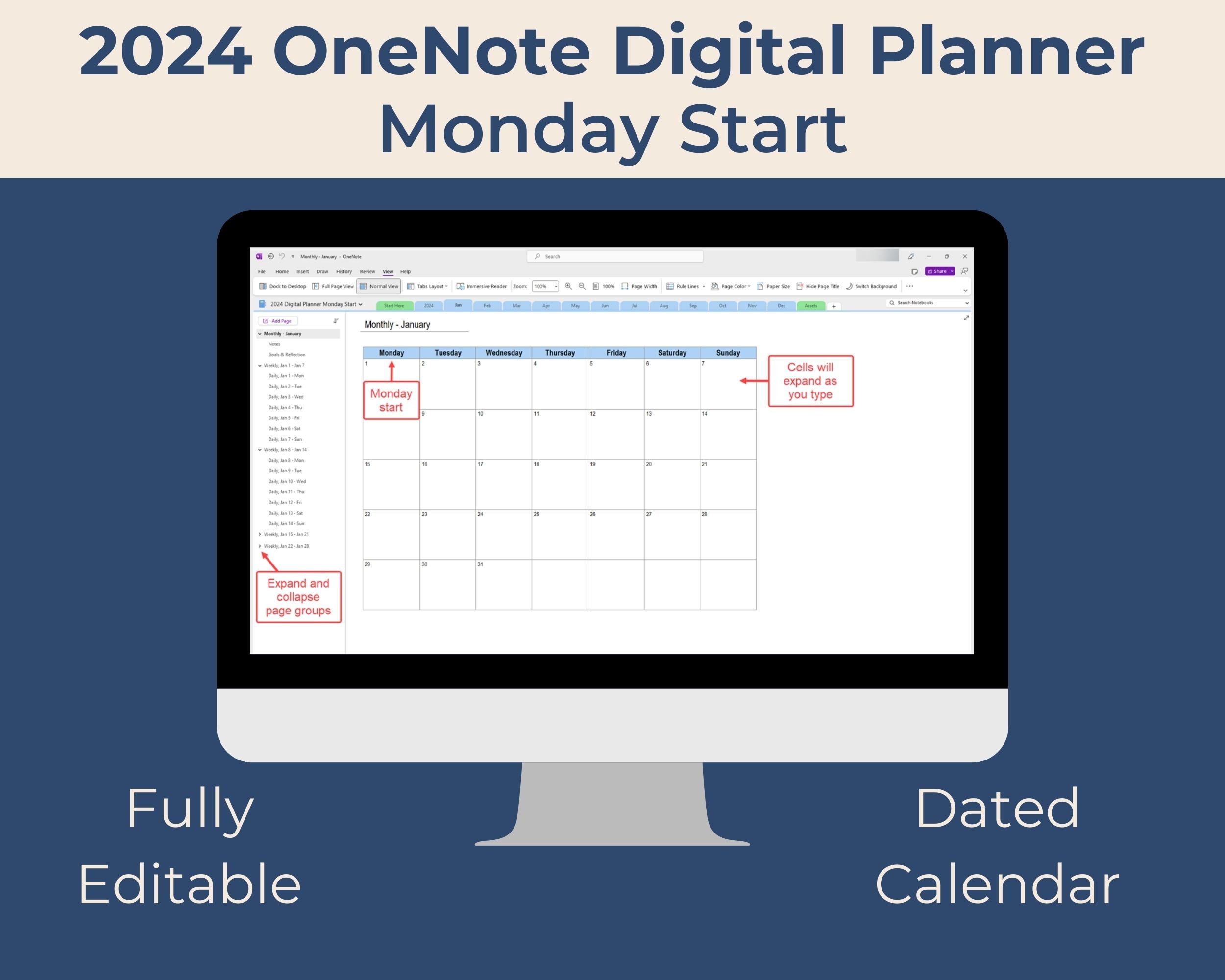 Onenote 2024 Digital Planner With Stickers, Monday Start - Etsy