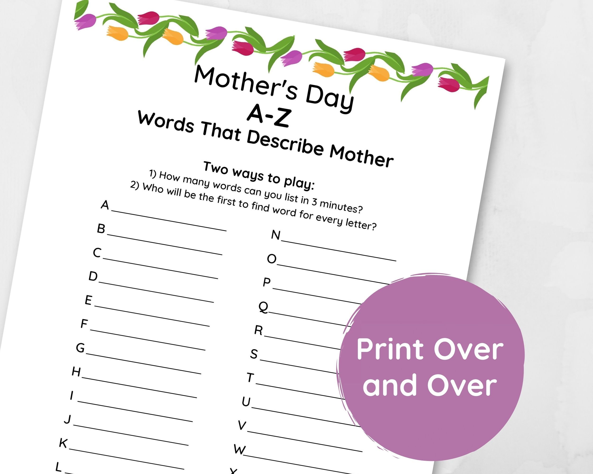 Mothers Day A-Z Word Game Printable PDF in A4 and 8.5x11 - Etsy