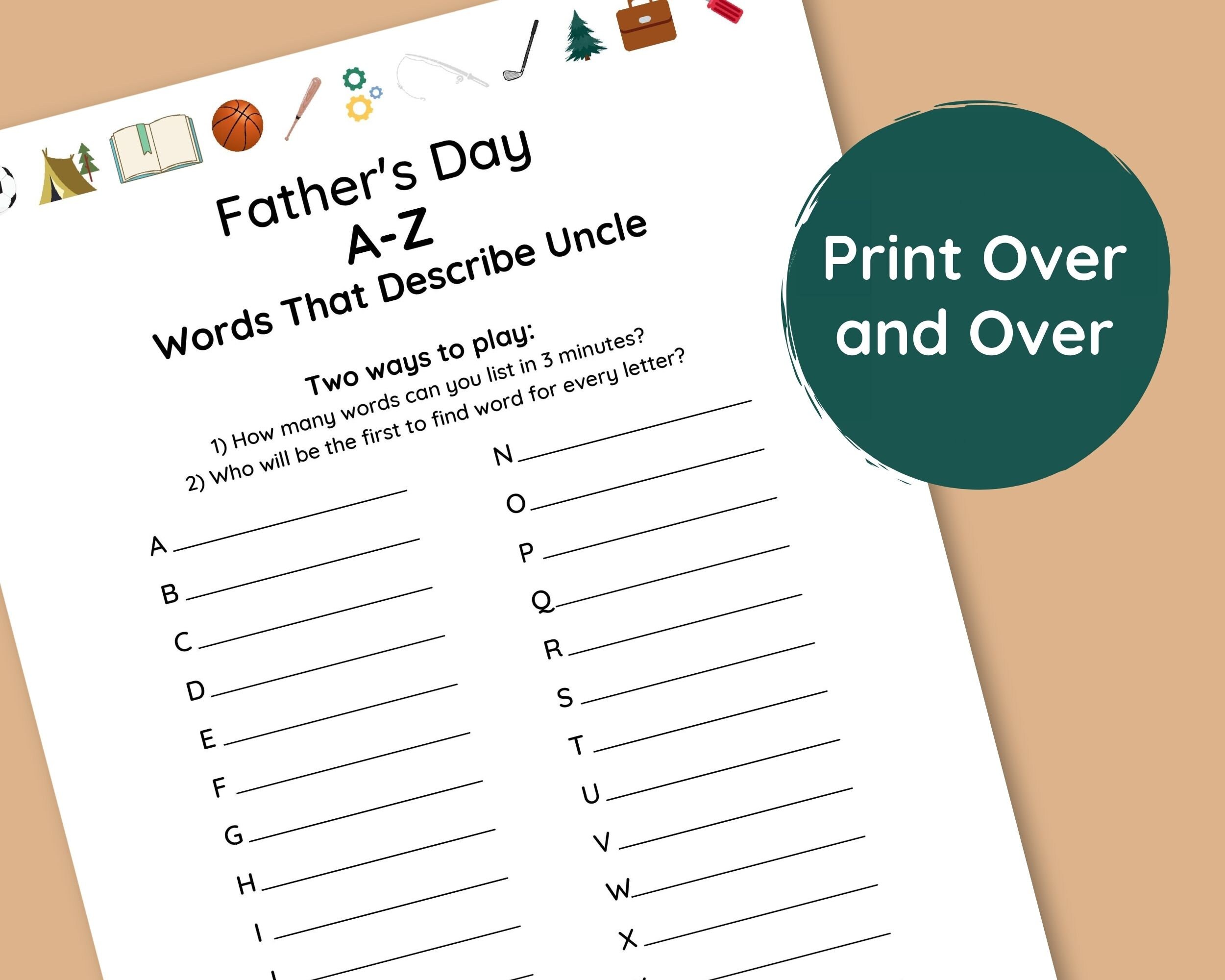 Fathers Day A-Z Word Game Printable PDF in A4 and 8.5x11 - Etsy