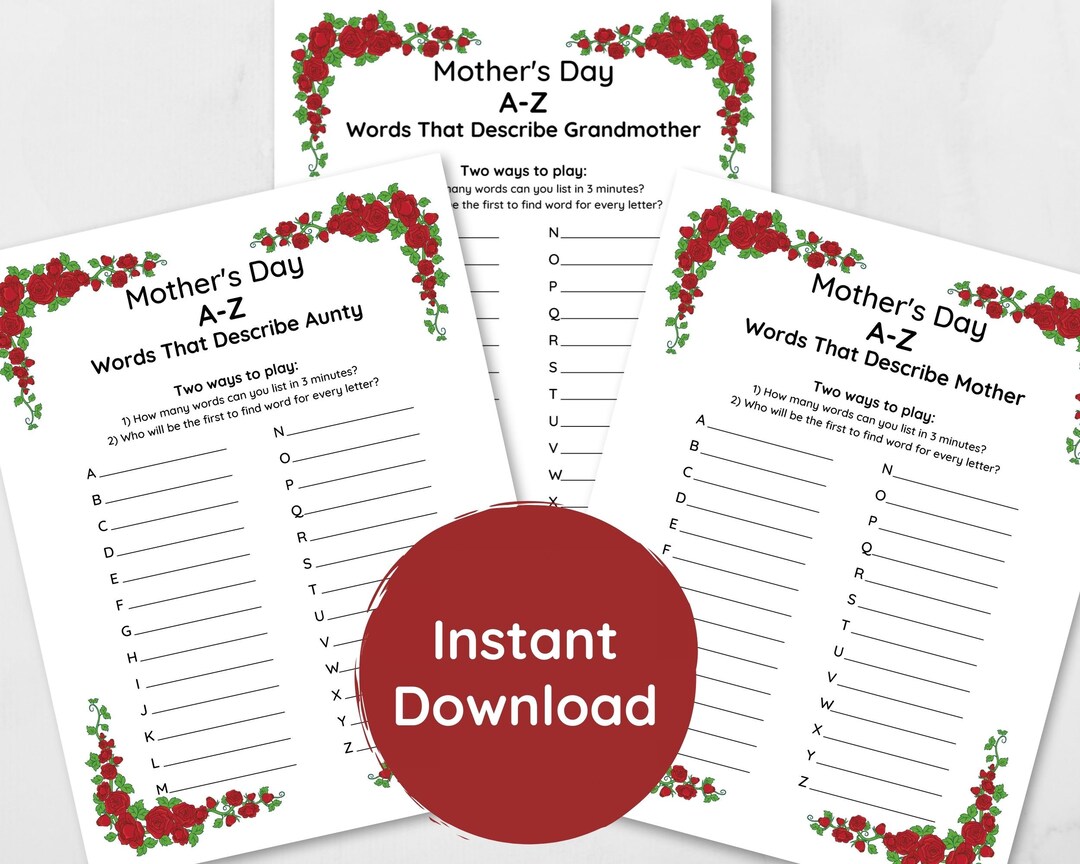 Mothers Day A-Z Word Game Mothering Sunday Printable PDF in A4 and 8 ...