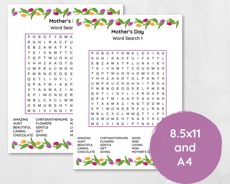 Mothers Day Word Search Puzzle Game Printable PDF in A4 and - Etsy