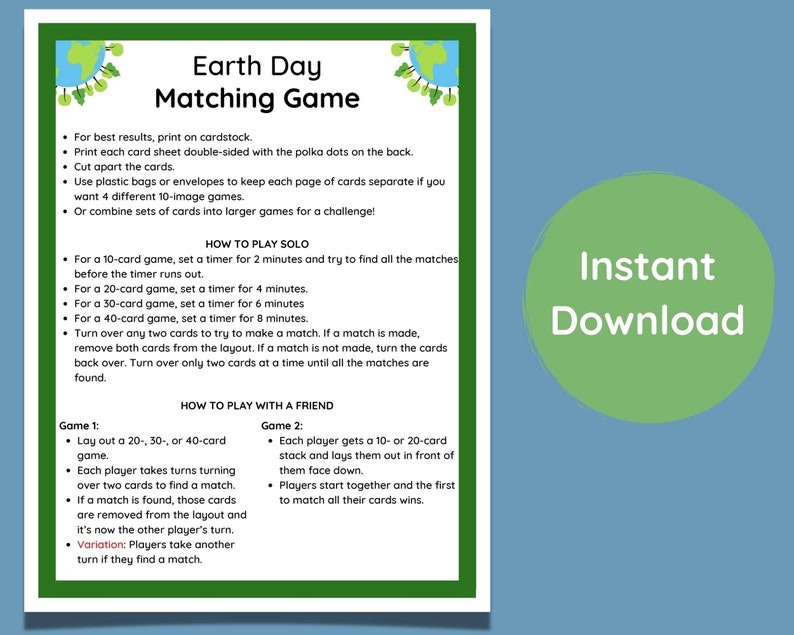 Earth Day Memory Game Printable PDF - Etsy