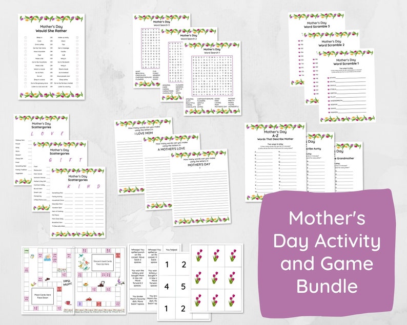 Mothers Day 8 Game and Activity Bundle Printable PDF in A4 and 8.5x11 ...