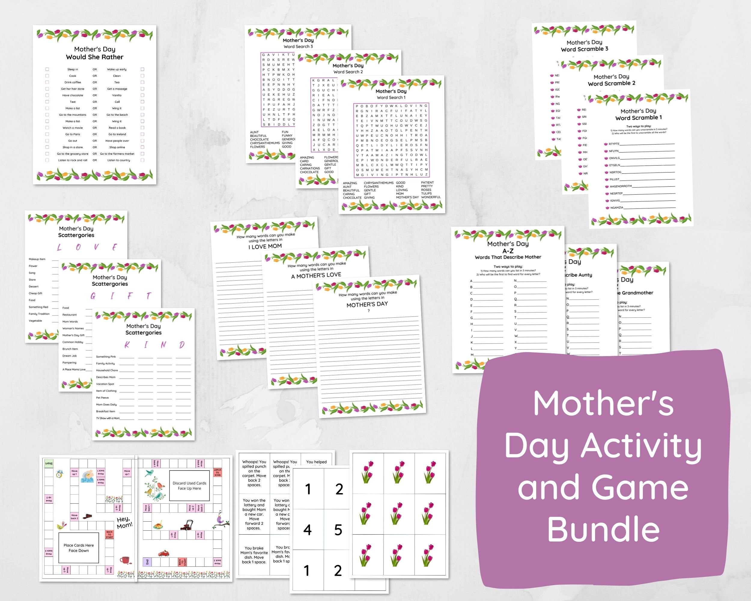 Mothers Day 8 Game and Activity Bundle Printable PDF in A4 and 8.5x11 ...