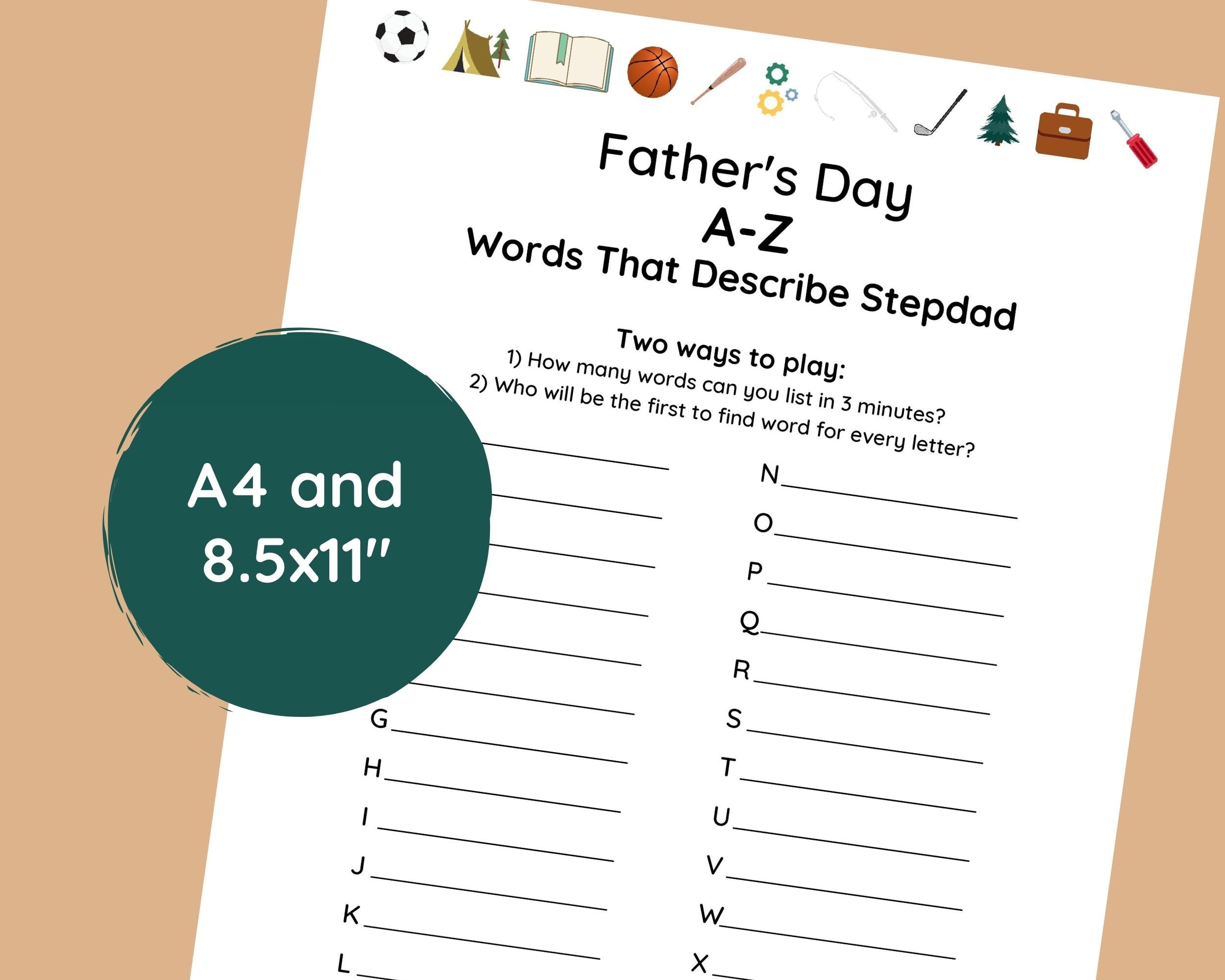 Fathers Day A-Z Word Game Printable PDF in A4 and 8.5x11 - Etsy