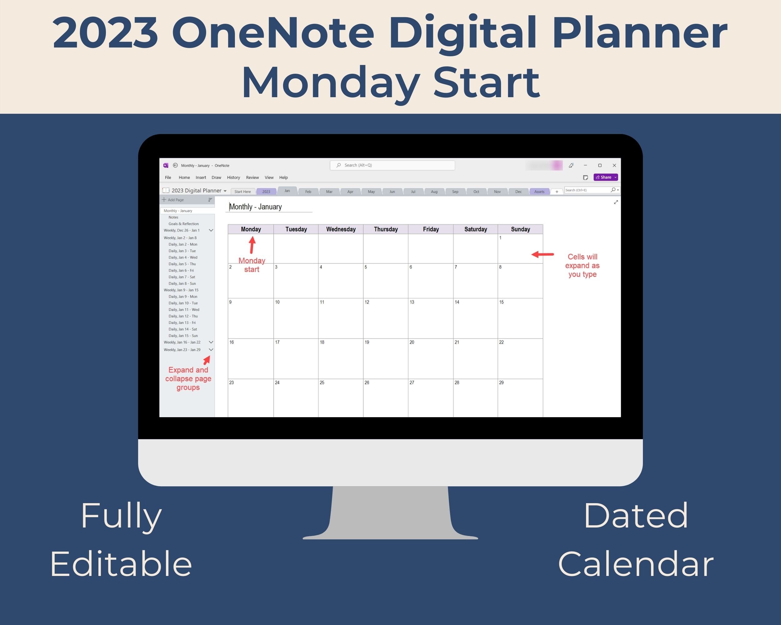Onenote 2023 Digital Planner With Stickers Monday Start - Etsy