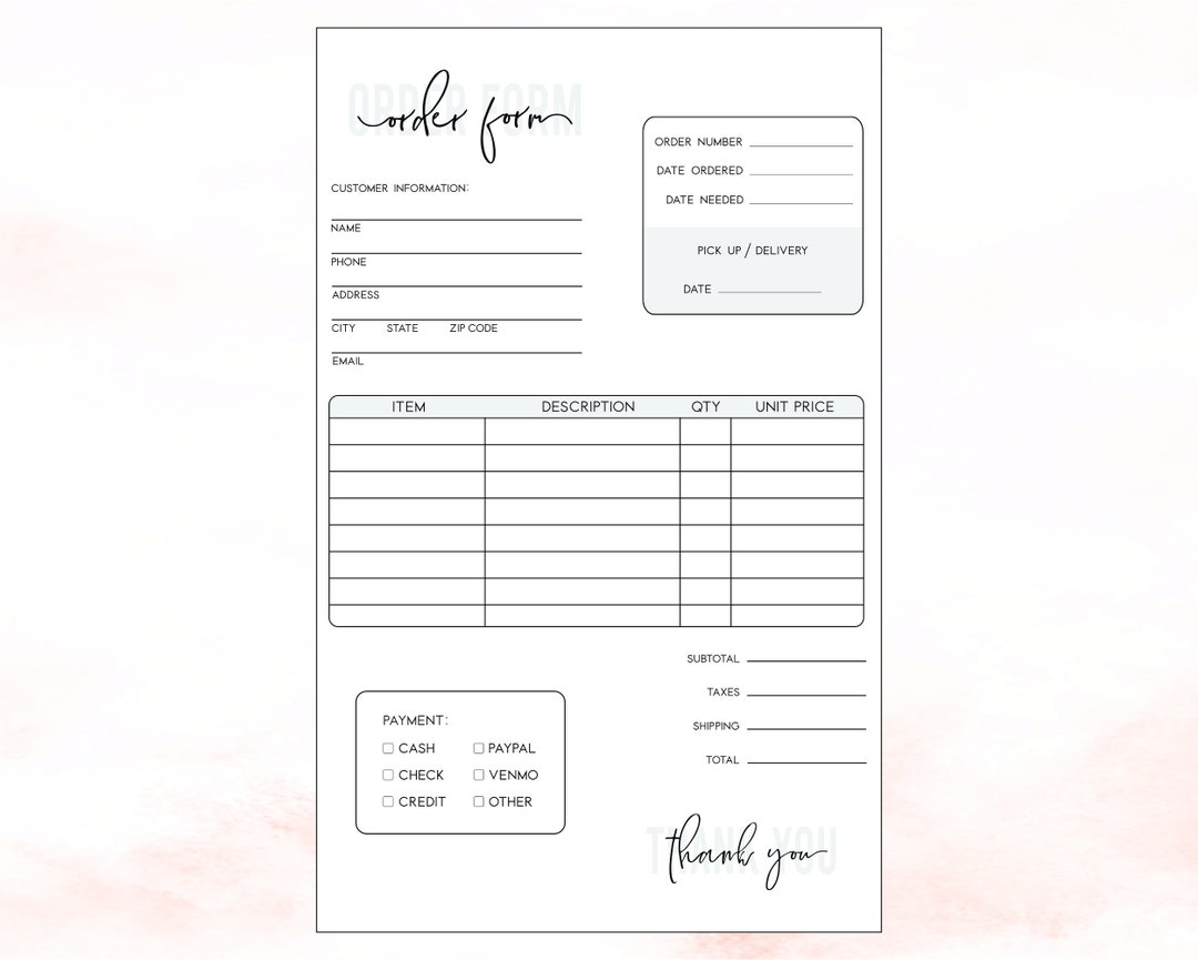 Order Form Download, Itemized Receipt Download, Digital Download Order ...