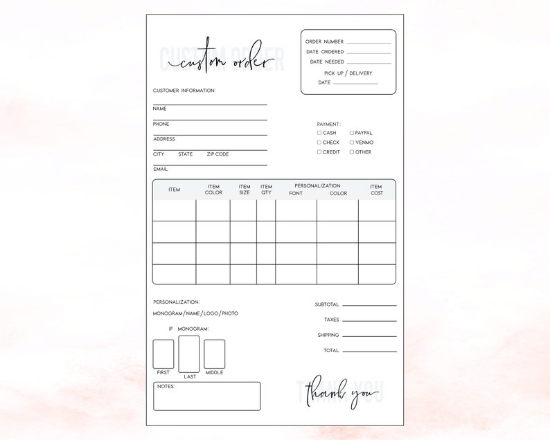 Custom Order Form Download, Monogram Order Form, Order Form PDF ...