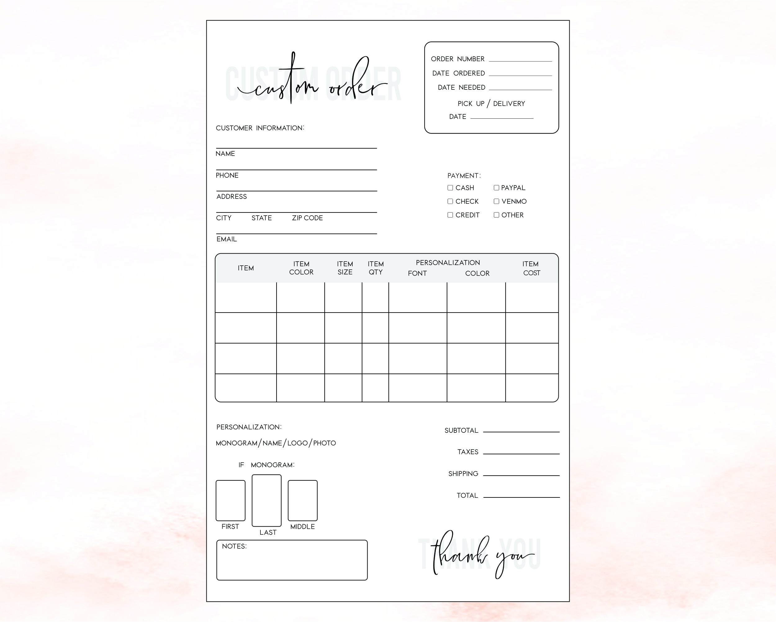 Custom Order Form Download, Monogram Order Form, Order Form PDF ...