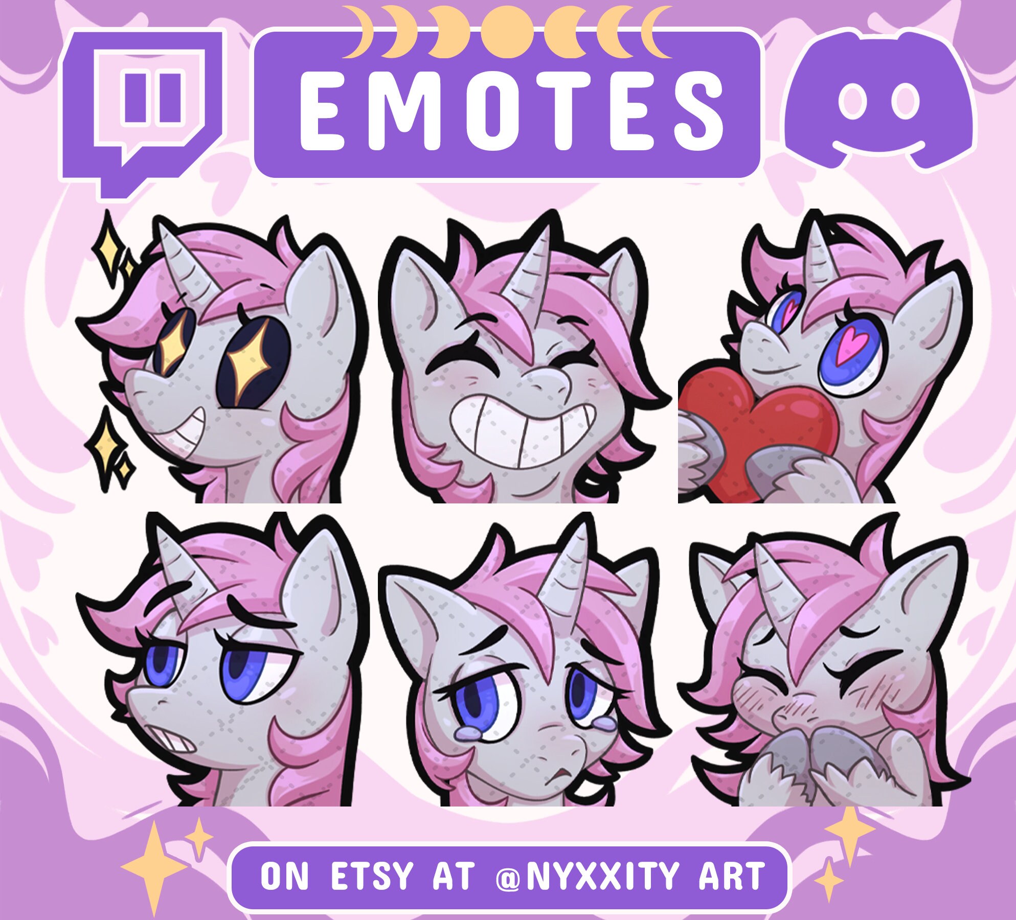 Gray Unicorn Twitch and Discord Emotes | 6 Cute Emojis for Streamers ...