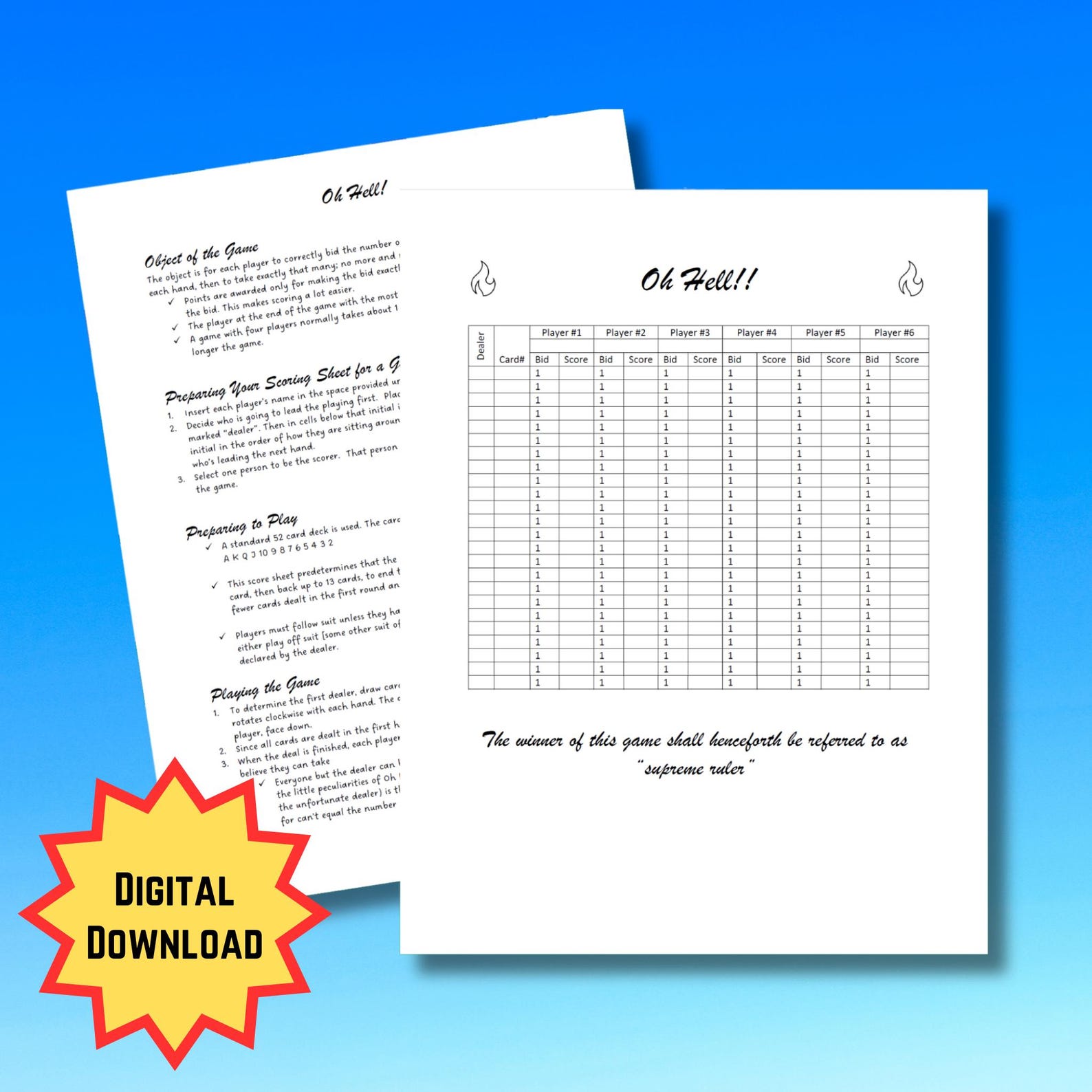 Oh Hell!! Card Game Rules and Scoresheets Family Game Night Family Fun ...