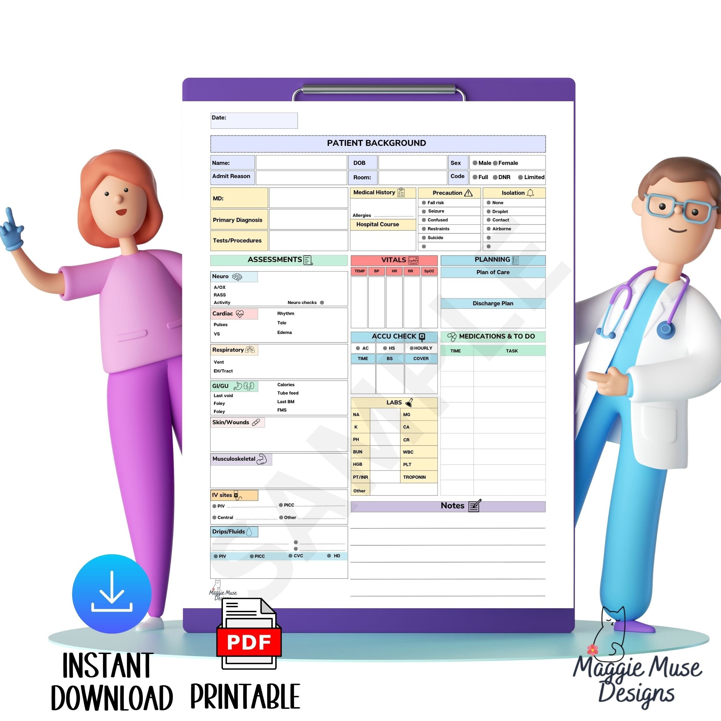 Telemetry Nurse Report Sheet, Color Coded RN Brain (digital Download ...