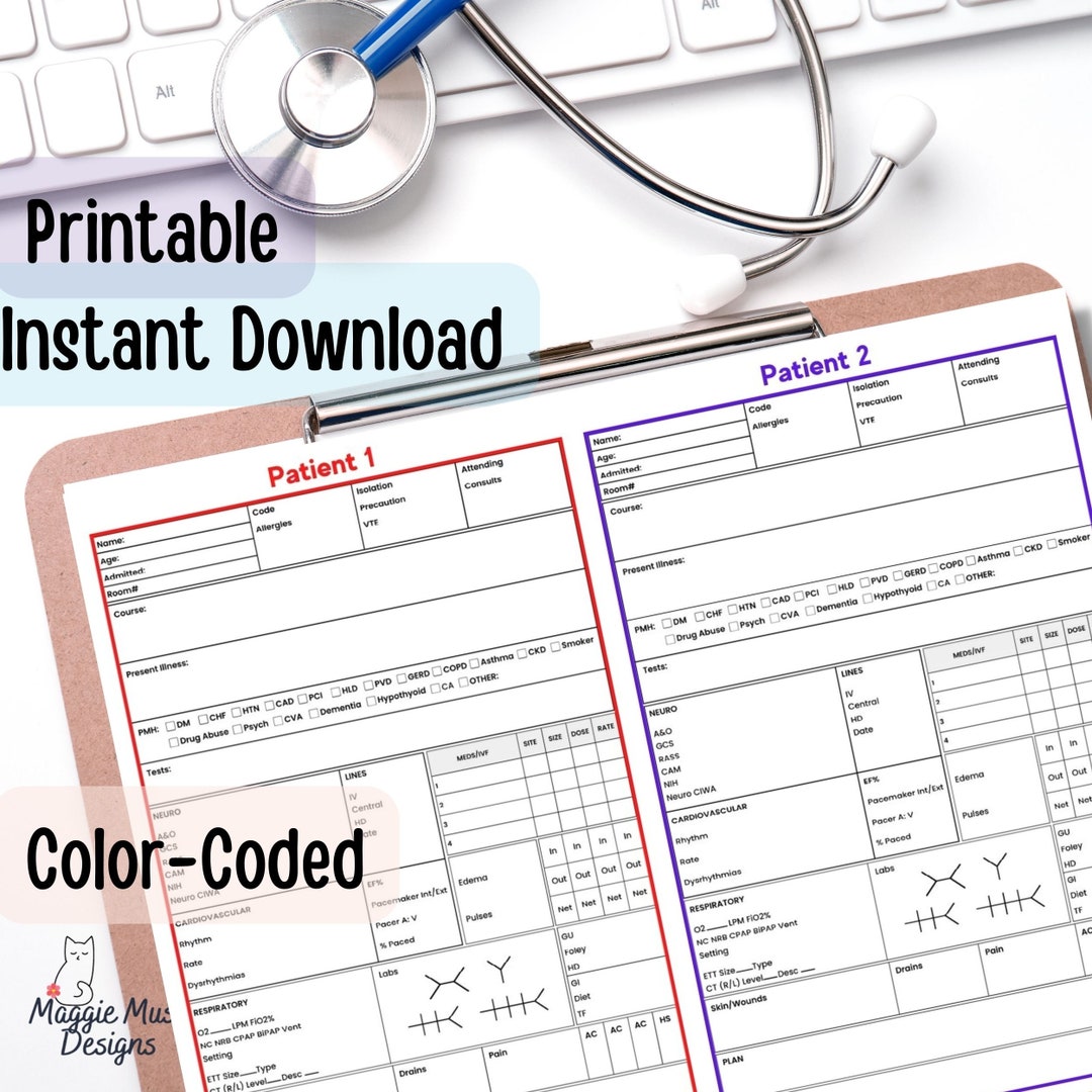 Printable Critical Care Report Sheet, ICU Brain, 3 Patient ICU Report ...