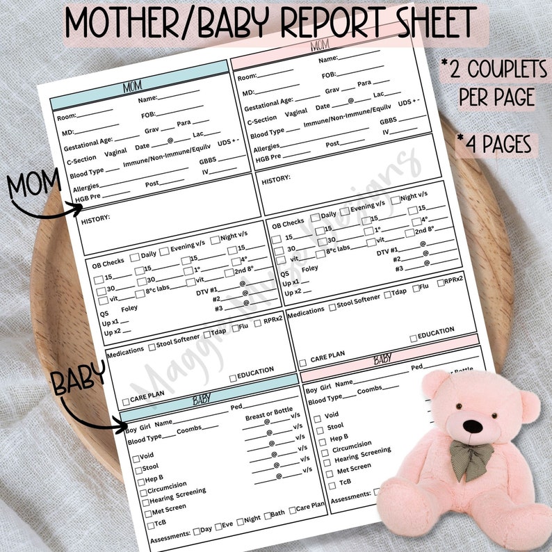 Mother Baby Nurse Report Sheet, Postpartum, Couplet Care (digital ...