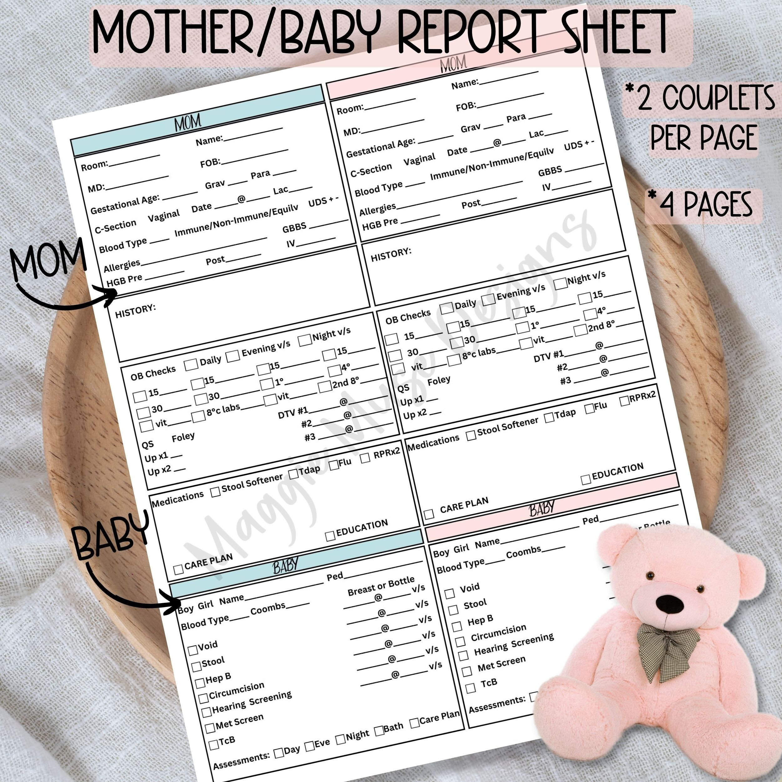 Mother Baby Report Sheet, Mom & Baby Nurse Brain Report Sheet, 4 Mom ...