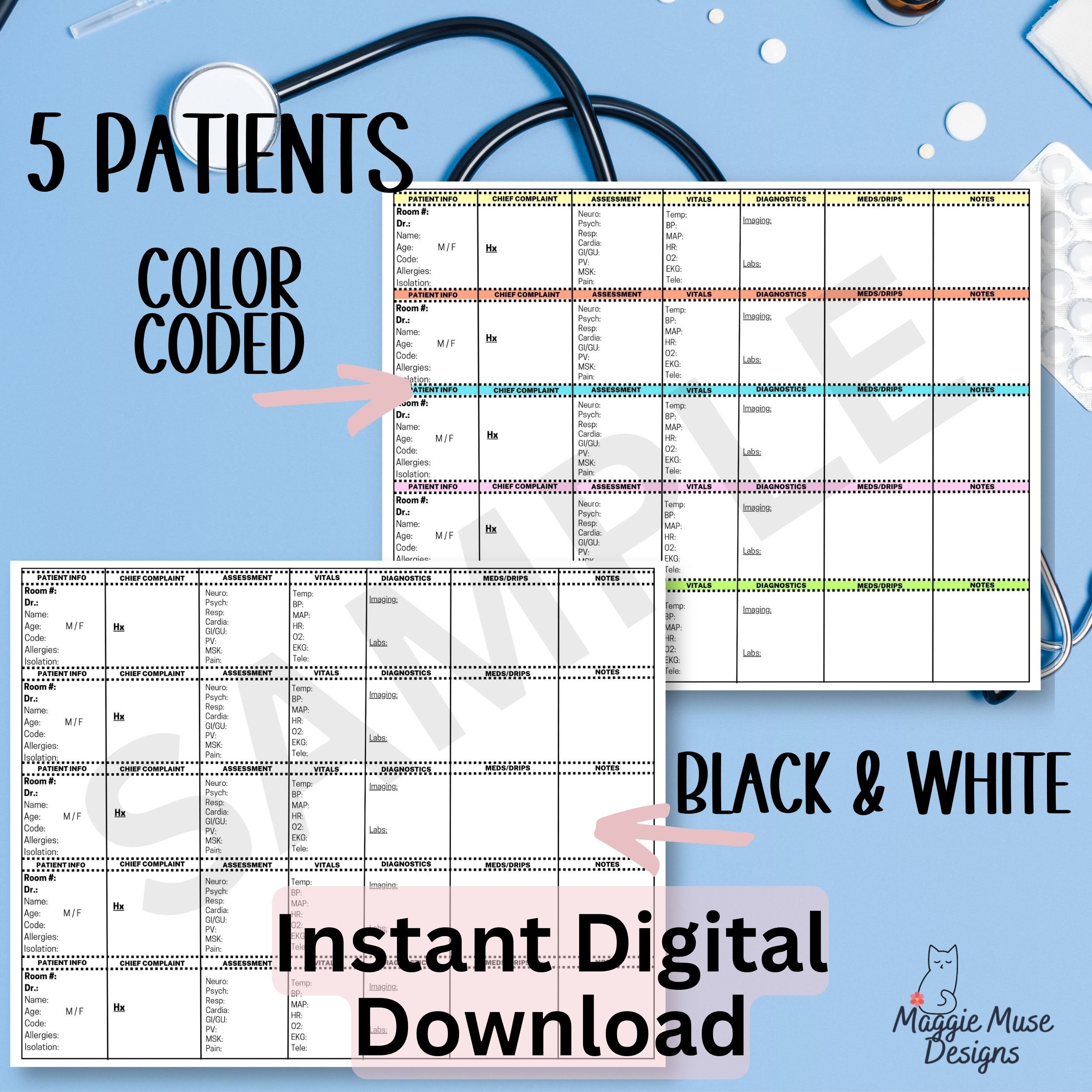 5-patient Nurse Report Sheet, Color-coded Brain (digital Download) - Etsy