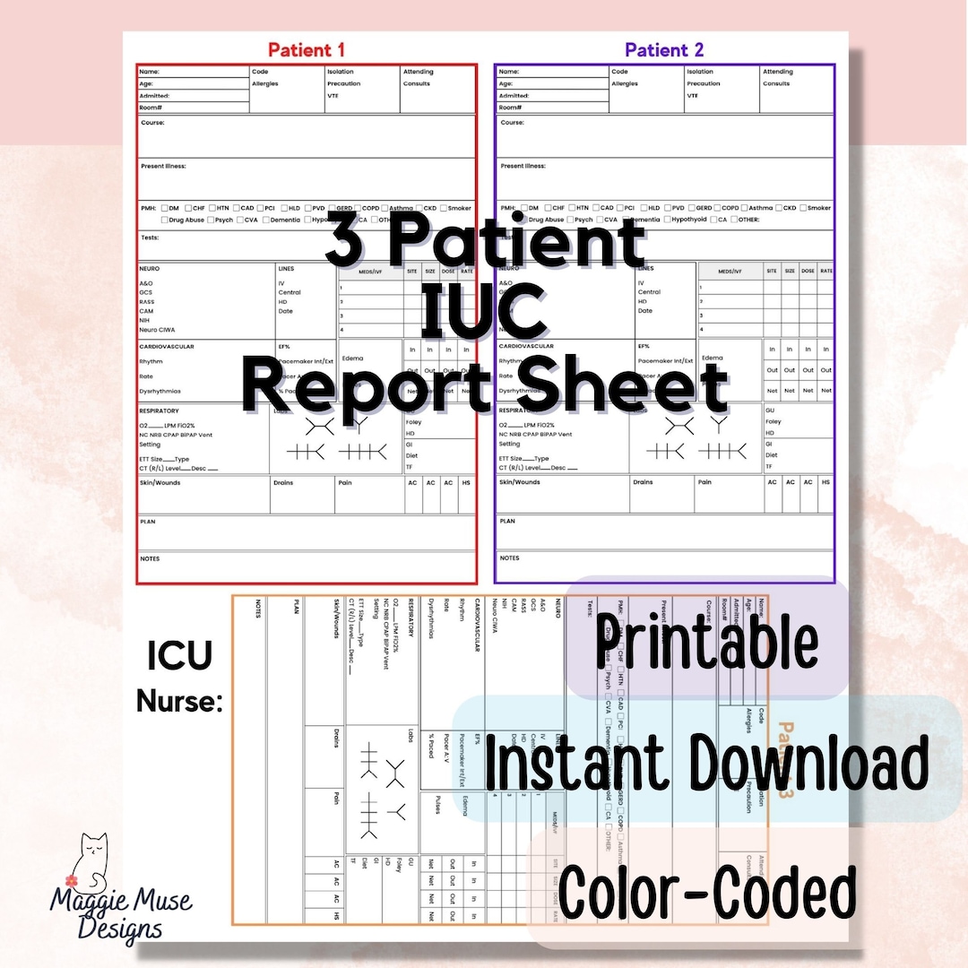 ICU Nurse Report Sheet, ICU Brain, 3 Patient ICU Report Sheet, Nurse ...