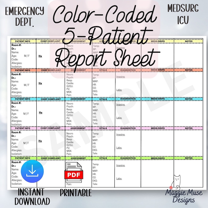 5-patient Nurse Report Sheet, Color-coded Brain (digital Download) - Etsy