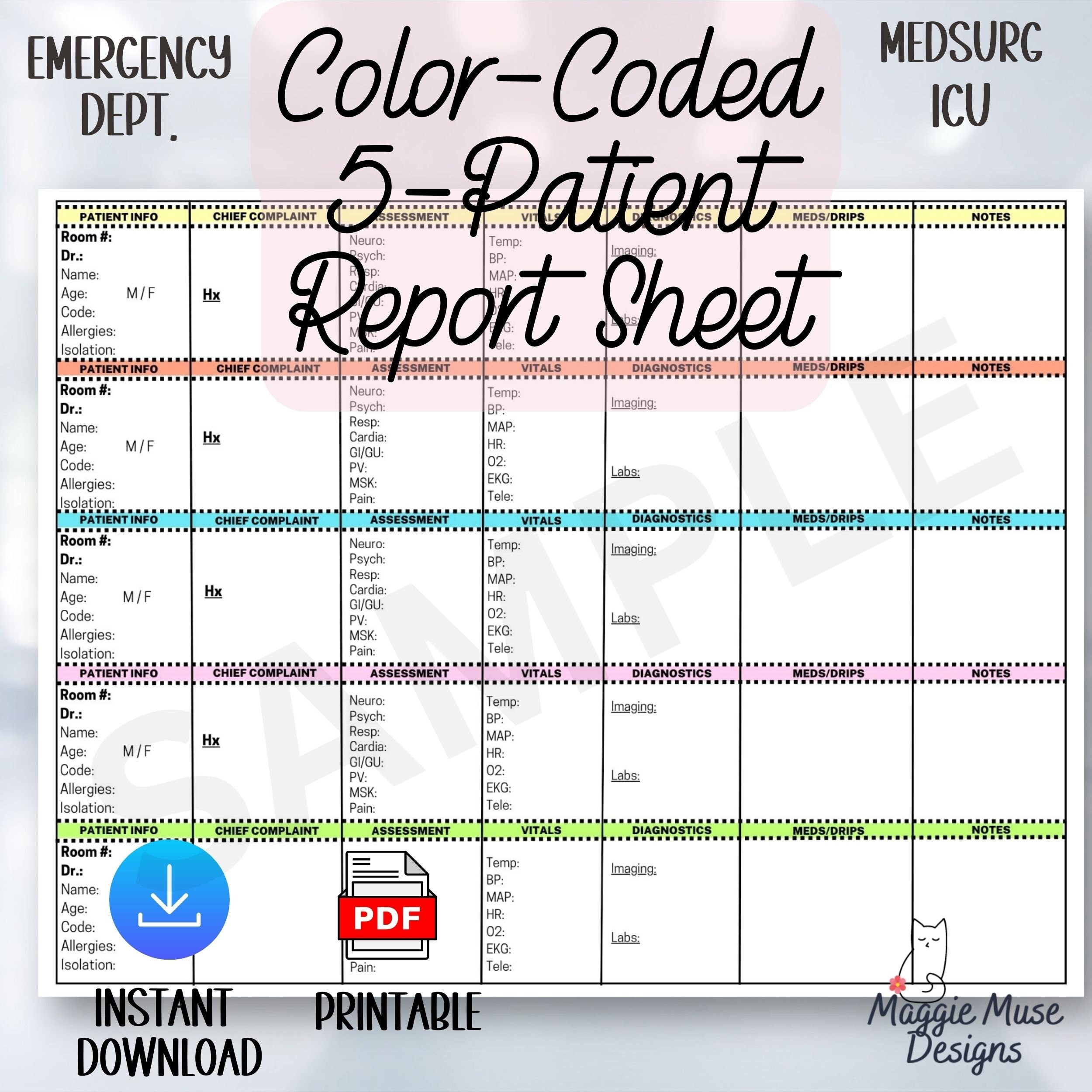ER Report Sheet, 5 Patient Emergency Nurse Brain Sheet, Medsurg Nurse ...