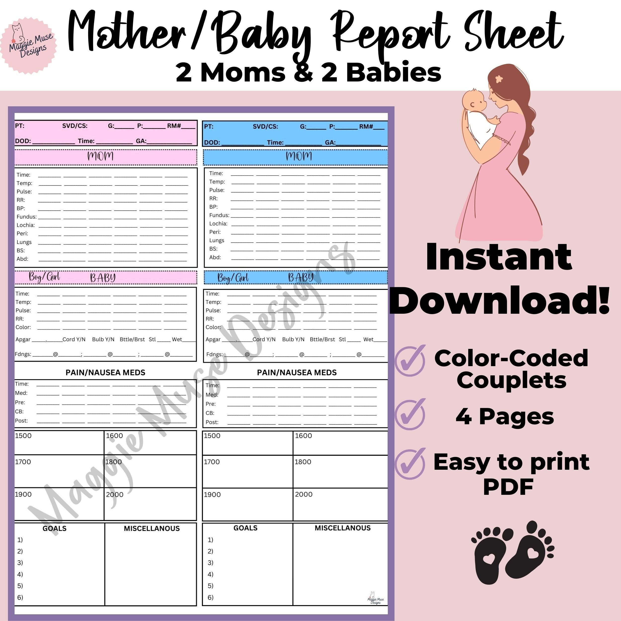 Mother Baby Report Sheet, Mom & Baby Nurse Brain Report Sheet, 2 Moms ...