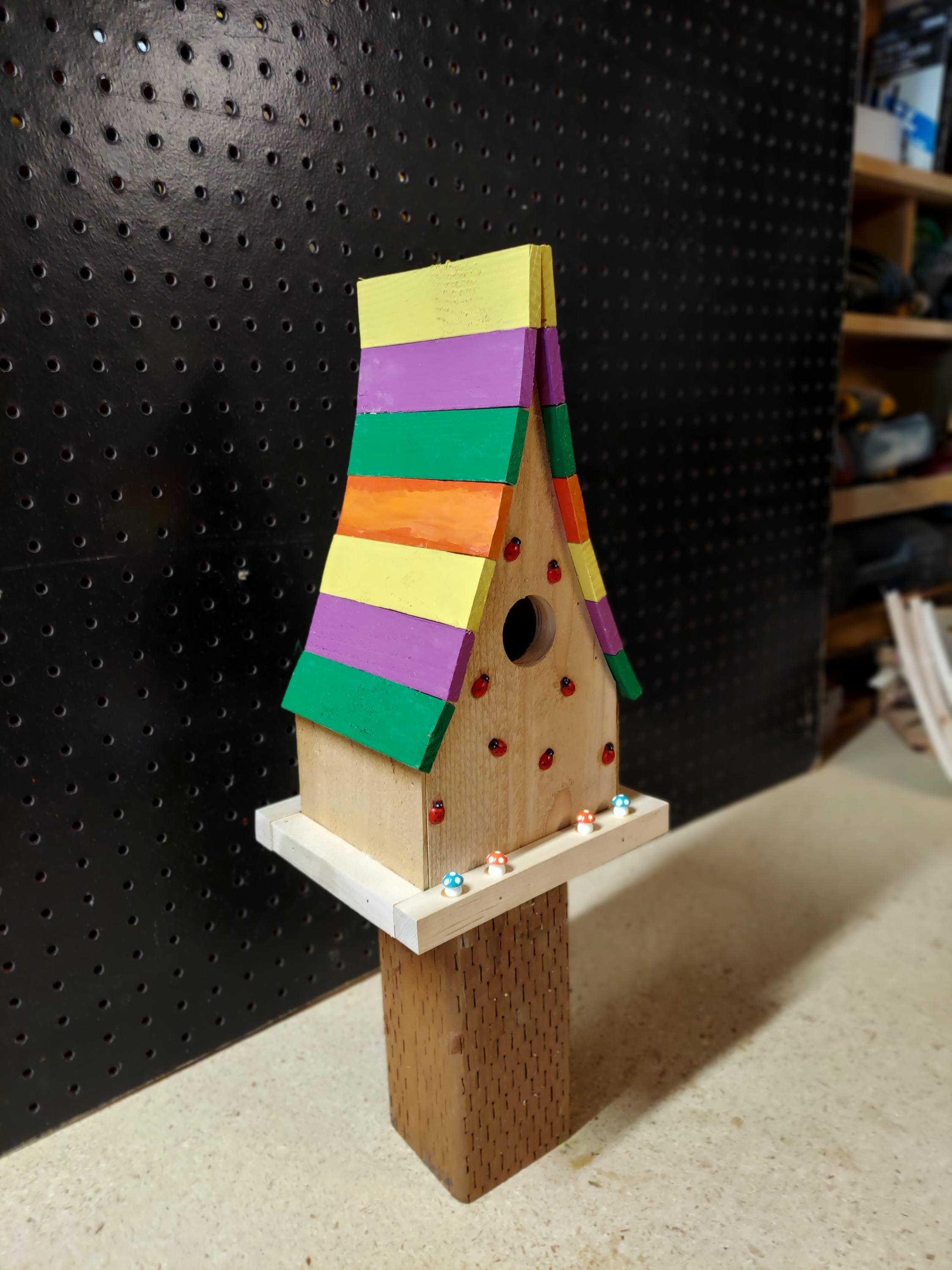 Rainbow Roof / A-frame Cedar Birdhouse With Lady Bugs & Mushrooms ...