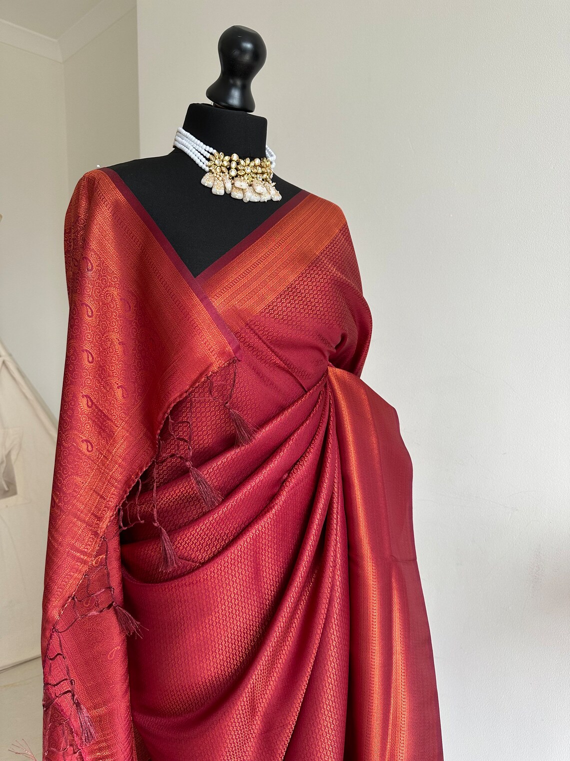 Ruby Red Soft Silk Saree With a Copper Border and All Over Sheen. the ...
