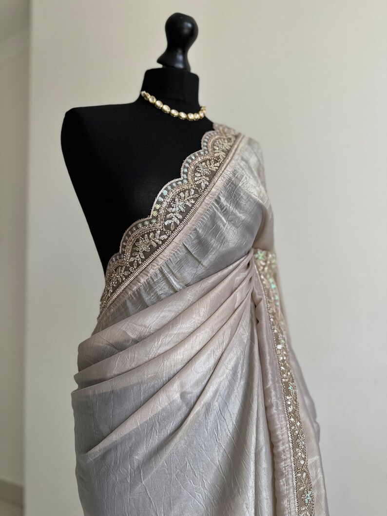 Soft and Flowy Satin Silk Saree in Beige With Embroidered Stone Work ...
