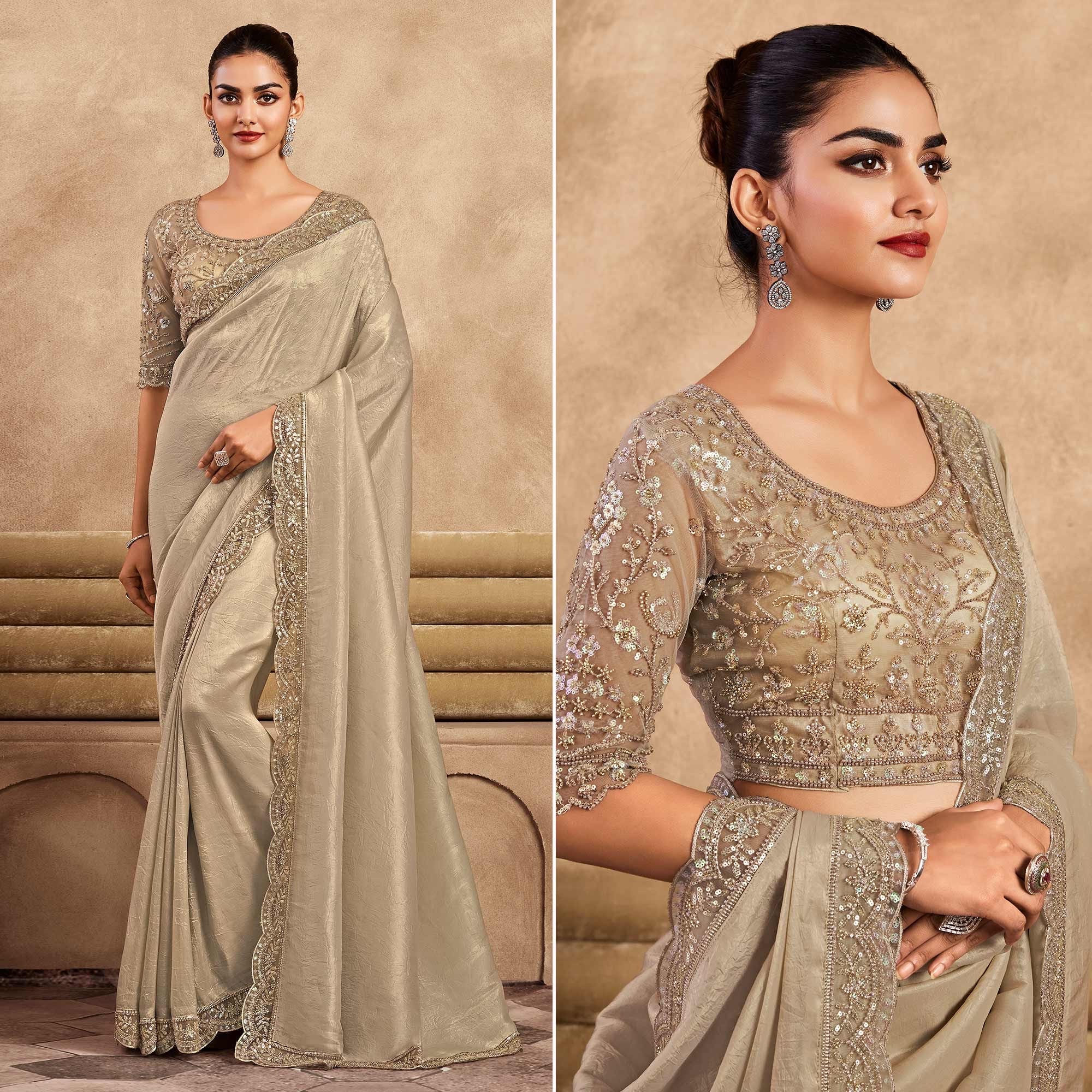 Soft and Flowy Satin Silk Saree in Beige With Embroidered Stone Work ...
