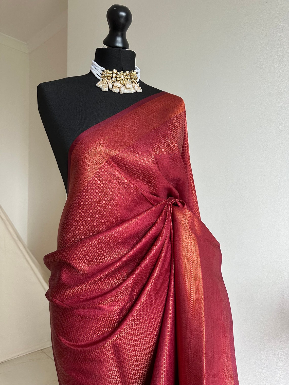 Ruby Red Soft Silk Saree With a Copper Border and All Over Sheen. the ...