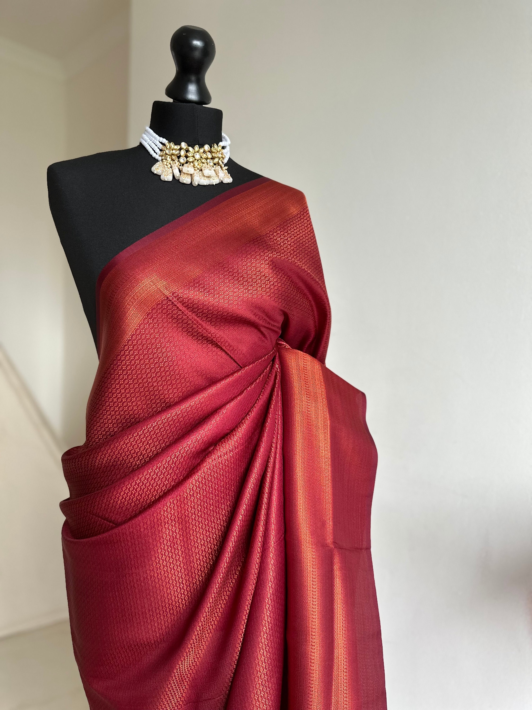 Ruby Red Soft Silk Saree With a Copper Border and All Over Sheen. the ...