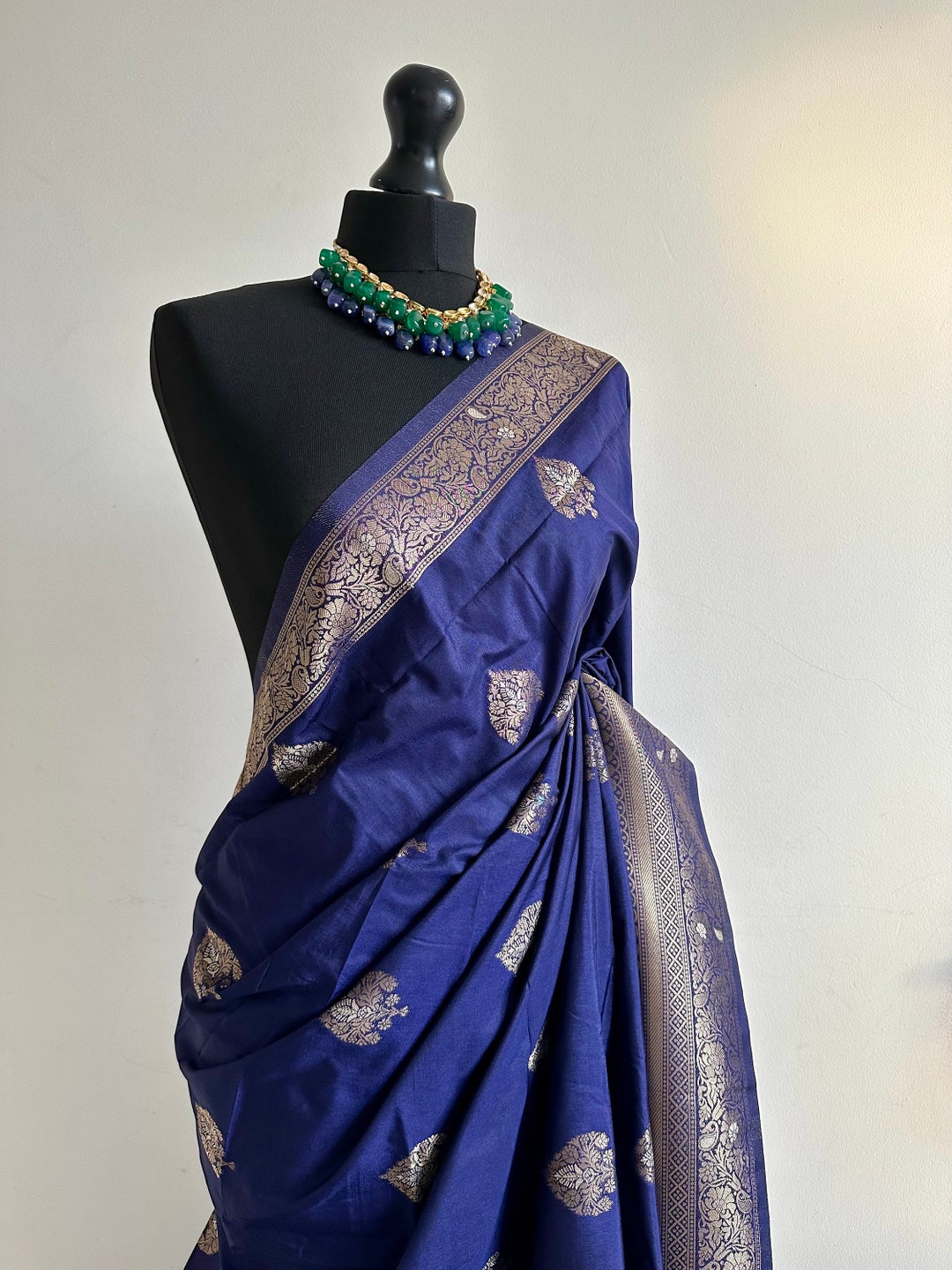 Navy Blue Artsilk Saree With Gold and Silver Motifs. Modern and ...