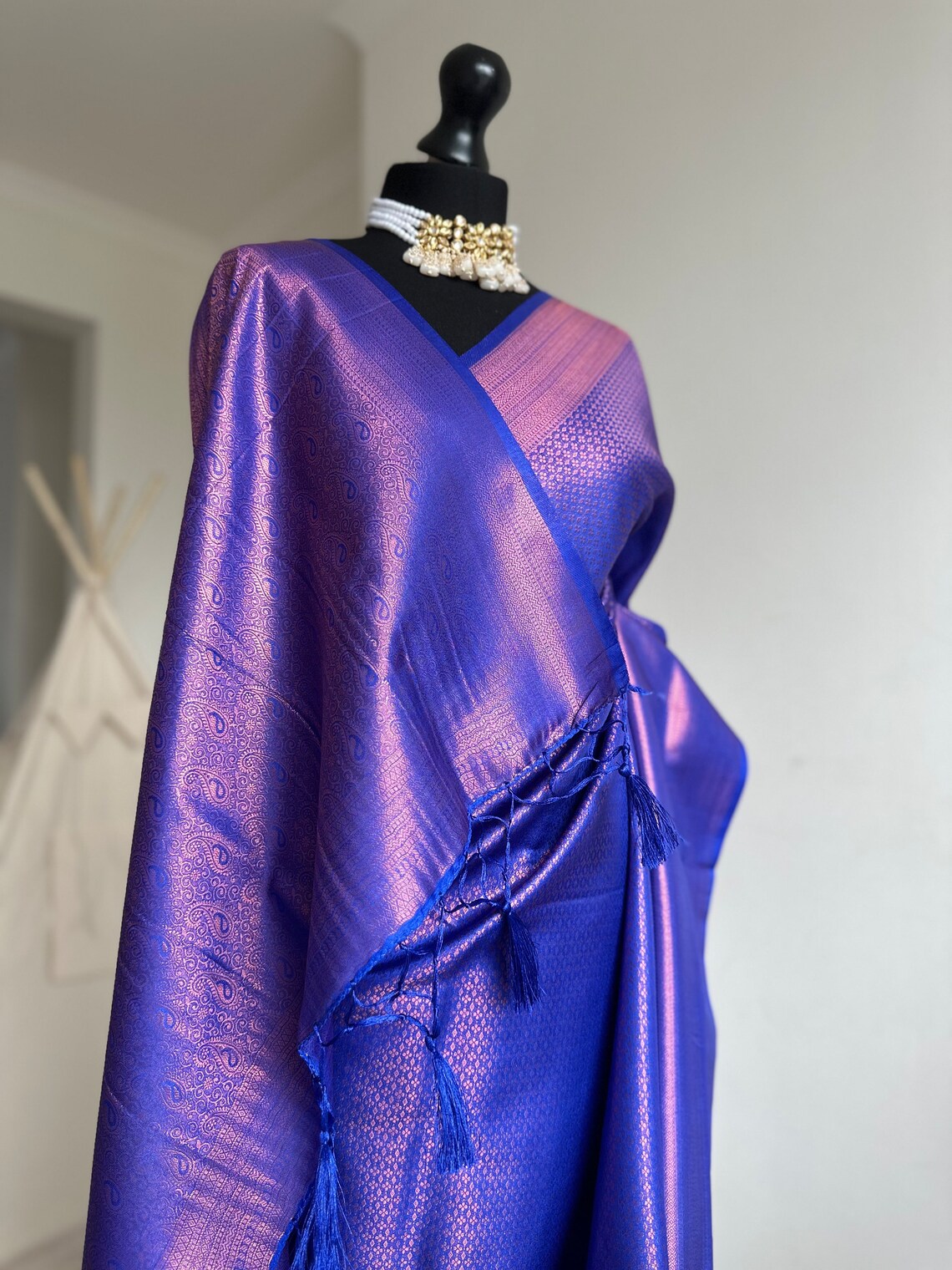 Royal Blue Soft Silk Saree: Copper Border, Sheen Fabric - Etsy