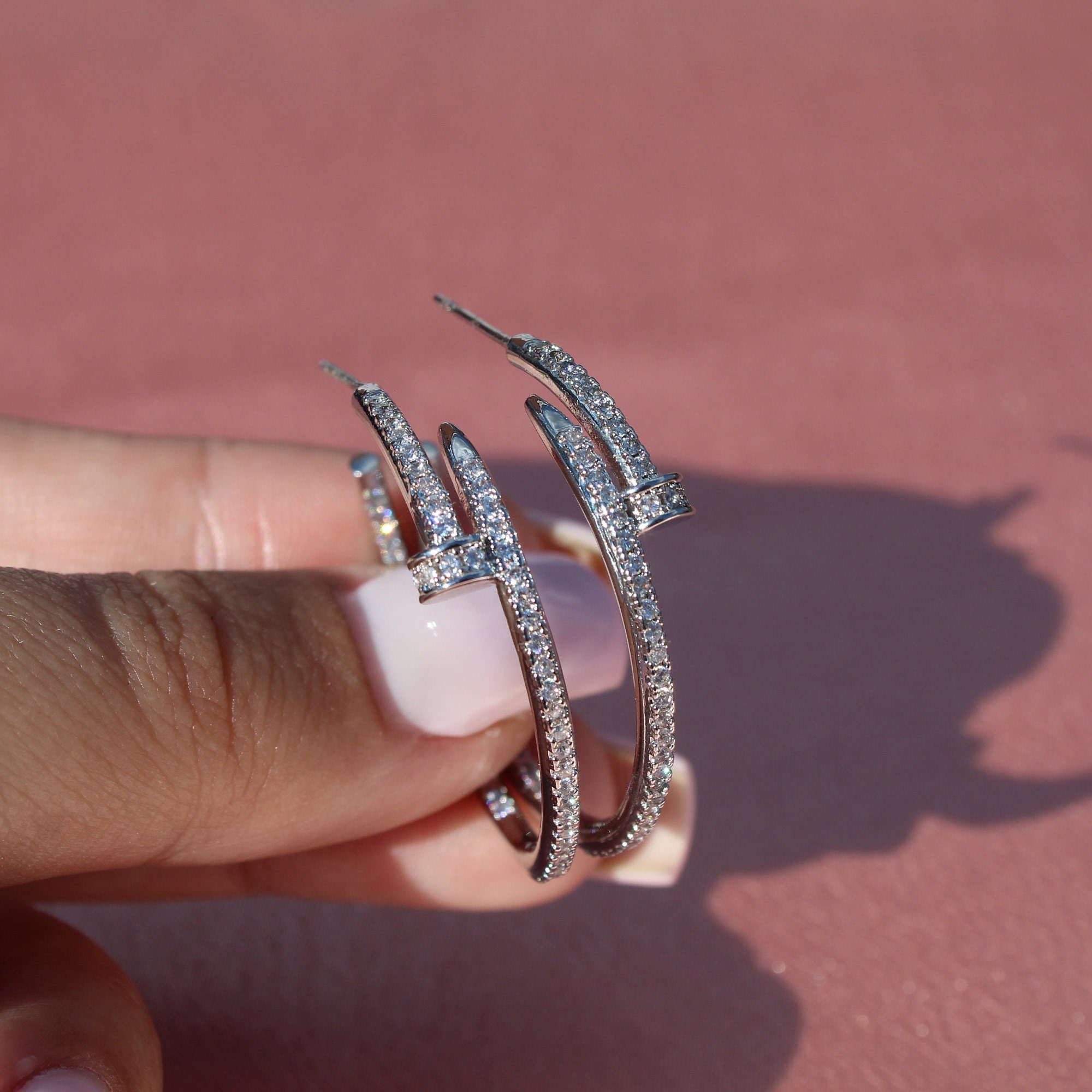 Luxury Nail Hoop Huggie Designer Earrings. Cubic Zirconia - Etsy UK