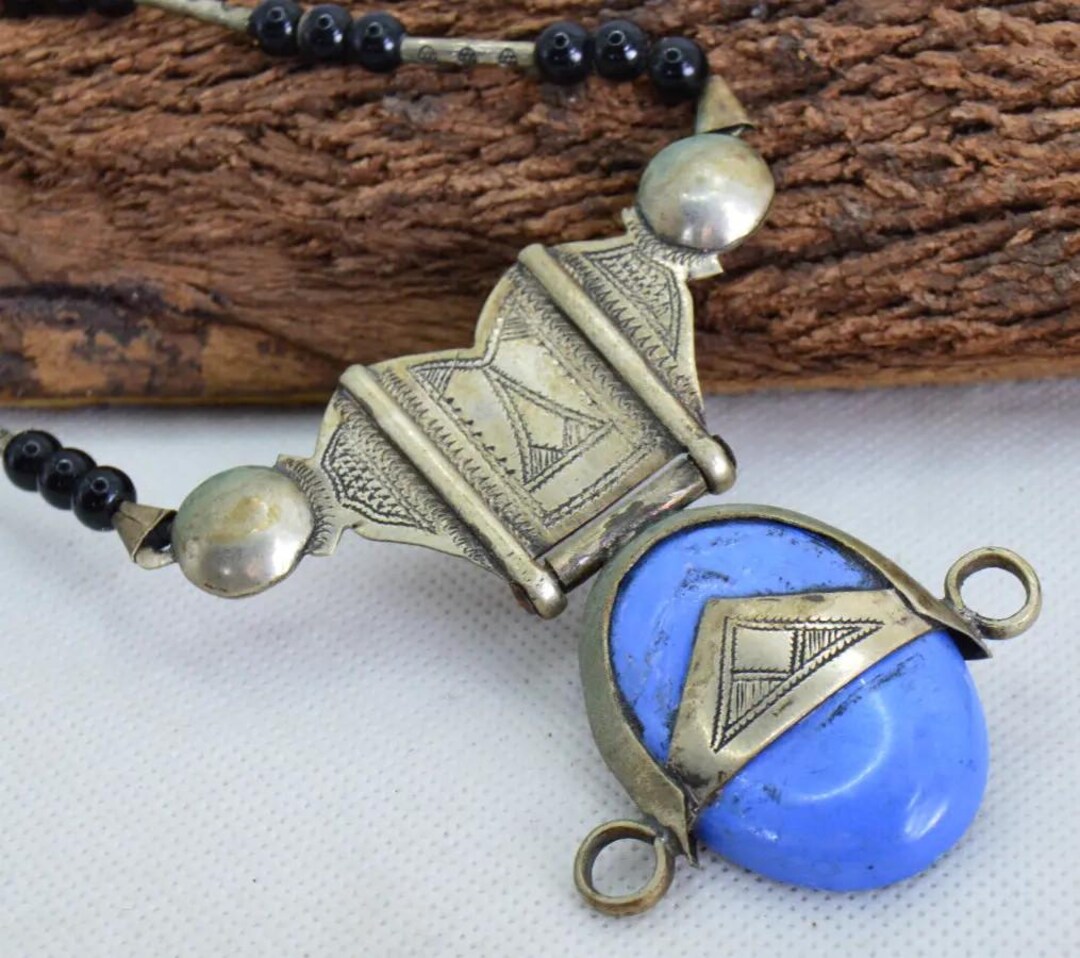 Vintage Tuareg Handmade Turquoise Agate Stone Bead Pendant Necklace ...