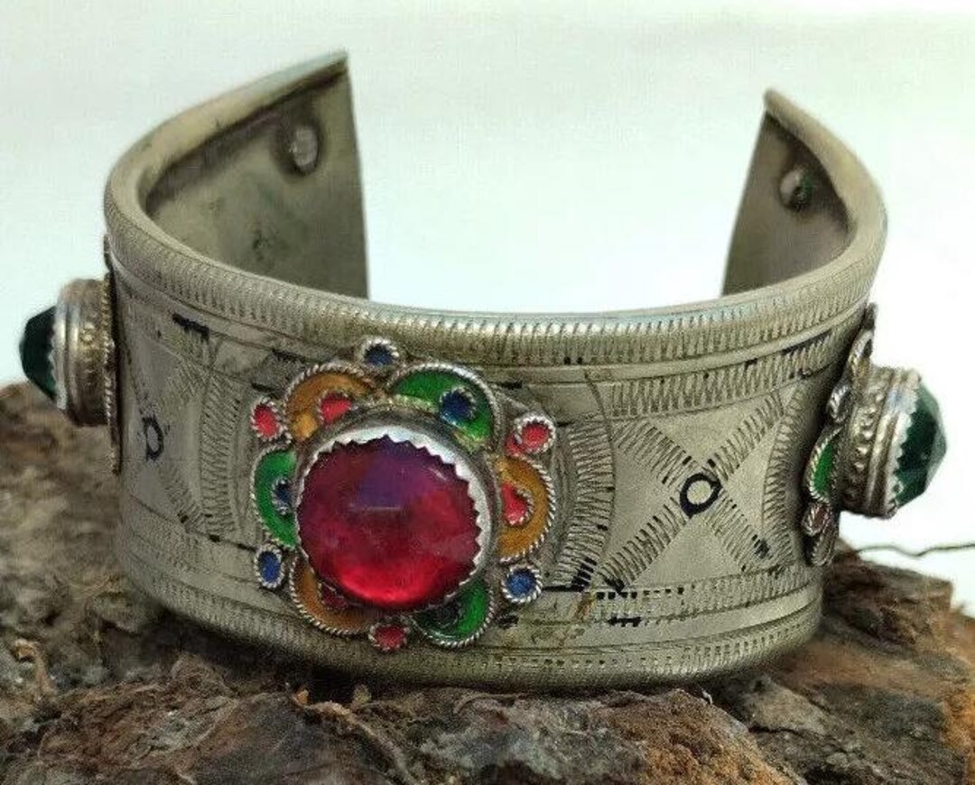 Vintage Moroccan Handmade Berber Silver Bracelet With Enamel and Glass ...