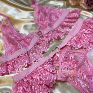 Romantic Pink Floral Lace Ruffle Lingerie Set - Etsy