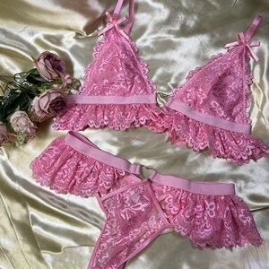 Romantic Pink Floral Lace Ruffle Lingerie Set - Etsy