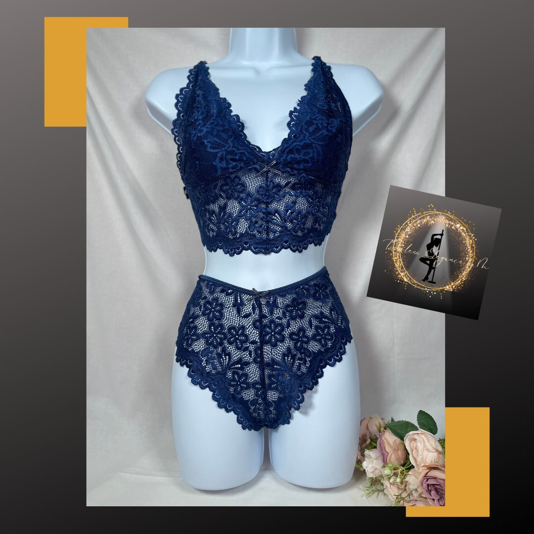 Blue Floral Lace Lingerie Set Etsy