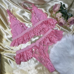 Romantic Pink Floral Lace Ruffle Lingerie Set - Etsy